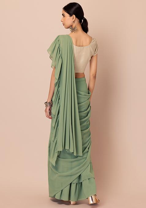 Buy Women Pastel Green Georgette Ruffled Pre-Stitched Saree (Without ...