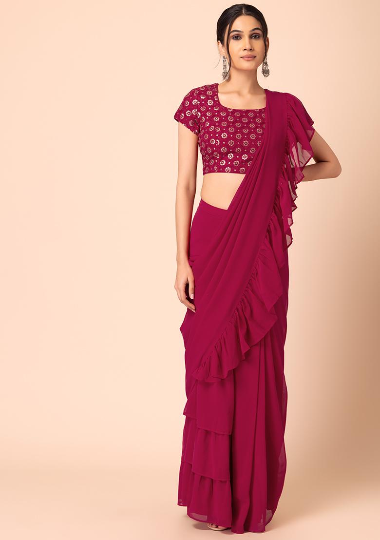 Buy Women Pink Tiered Ruffled Pre-Stitched Saree (Without Blouse ...