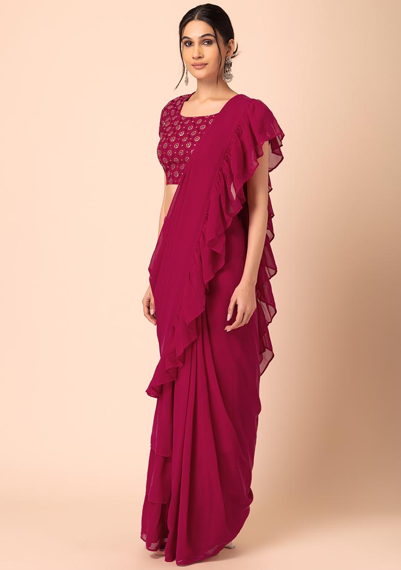 Buy Women Pink Tiered Ruffled Pre-Stitched Saree (Without Blouse ...
