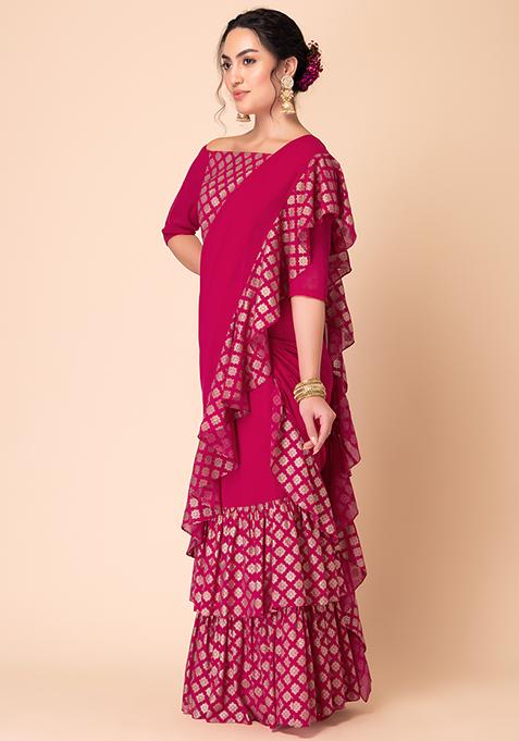 Buy Women Pink Foil Print Ruffled Pre-Stitched Saree (Without Blouse ...