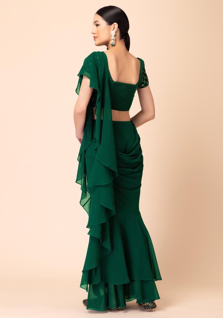 Buy Women Dark Green Ruffled Pre-Stitched Saree (Without Blouse ...