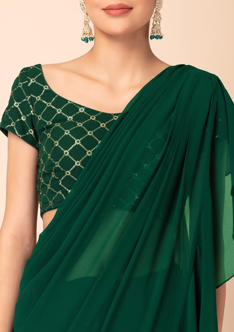 Buy Women Dark Green Ruffled Pre-Stitched Saree (Without Blouse ...