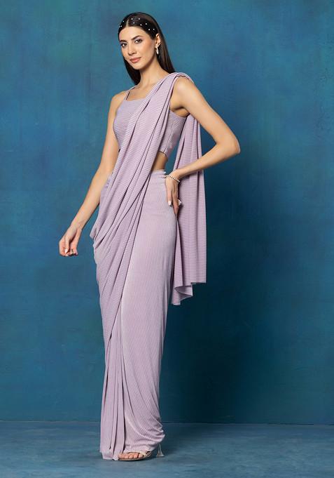 Buy Women Lilac Striped Foil Lycra Pre-Stitched Saree (Without Blouse ...