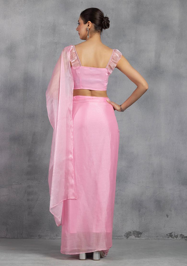 Buy Women Light Pink Crushed Shimmer Organza Pre-Stitched Saree ...
