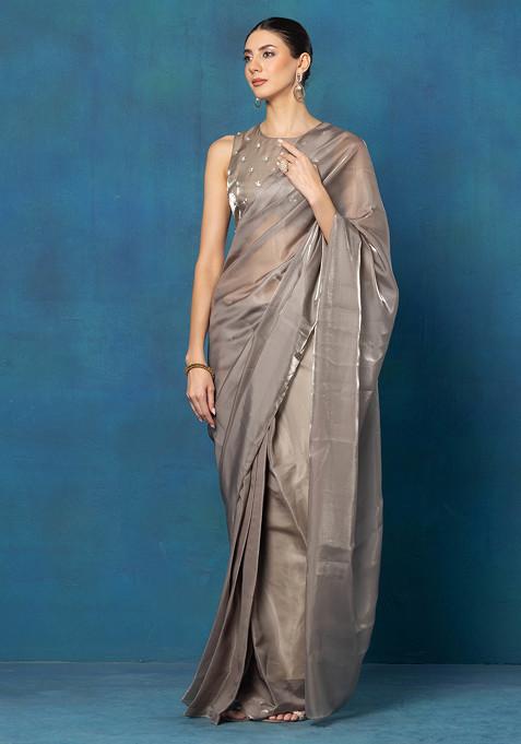 Buy Women Grey Shimmer Organza Pre-Stitched Saree (Without Blouse ...