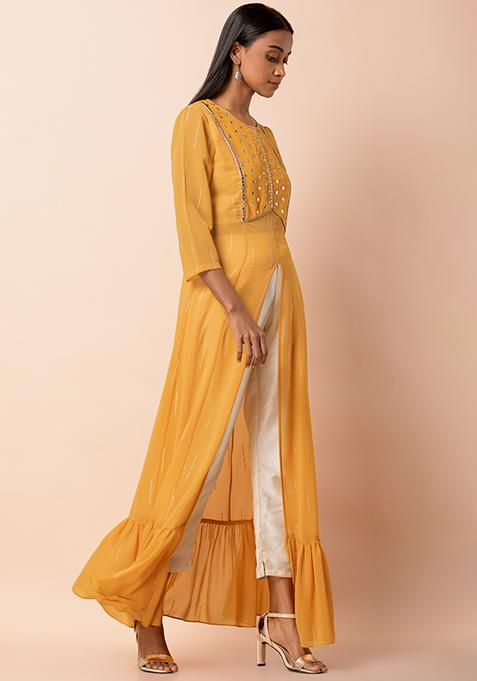 Buy Women Mustard Embellished Ruffled High Slit Kurta - ITN02347 ...