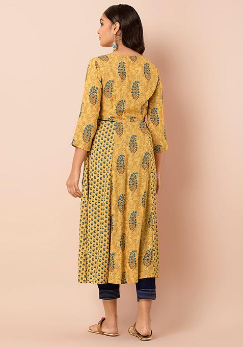 Buy Women Mustard Printed Side-Tie A-Line Kurta - ITN02572 - Kurta - Indya