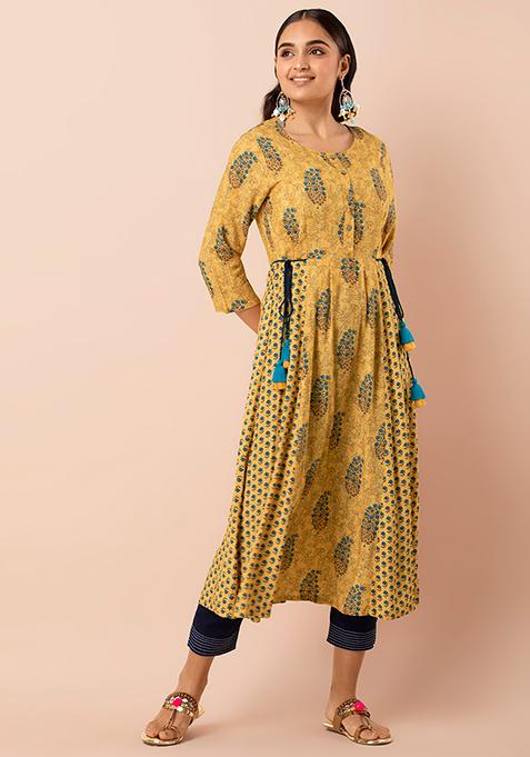Buy Women Mustard Printed Side-Tie A-Line Kurta - ITN02572 - Kurta - Indya