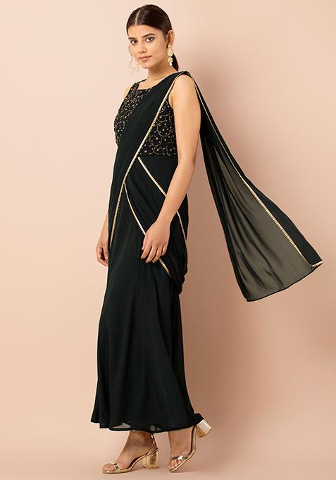 Buy Women Black Embroidered Fish Cut Kalidar Kurta With Attached ...