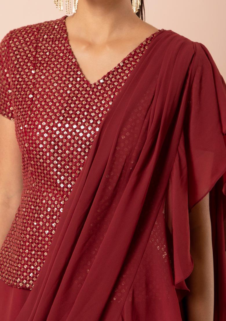 Buy Women Rust Embroidered Peplum Ruffled Pre-Stitched Saree With ...