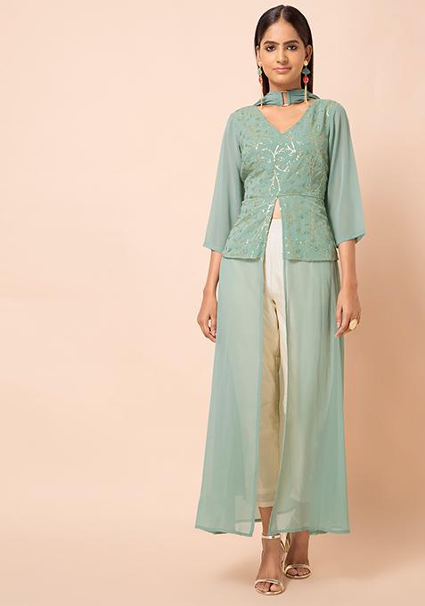 Buy Women Sage Embroidered Peplum High Slit Kurta With Choker Dupatta ...