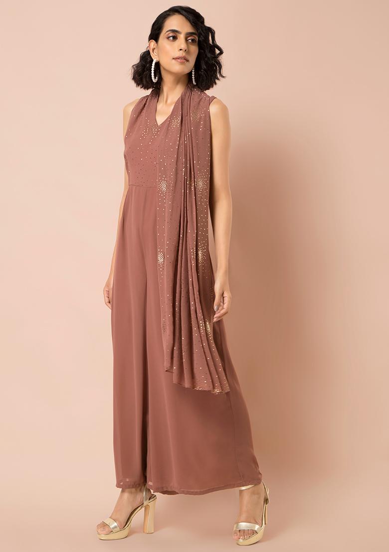 Buy Women Rose Pink Foil Side Stole Jumpsuit - ITN02859 - Kurta - Indya