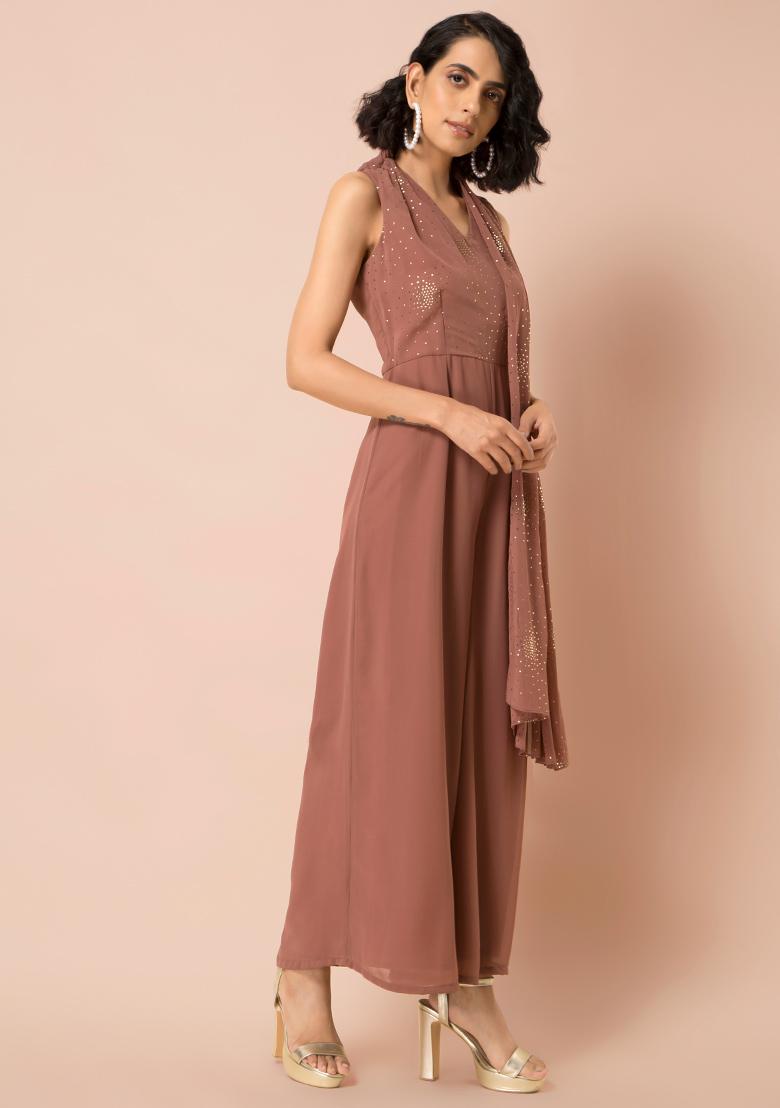 Buy Women Rose Pink Foil Side Stole Jumpsuit - ITN02859 - Kurta - Indya