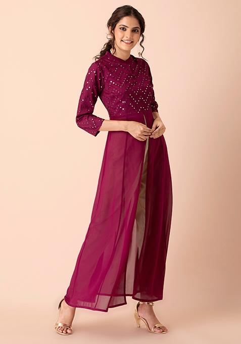 Buy Women Purple Mirror Embroidered High Slit Kurta - RTW - Indya