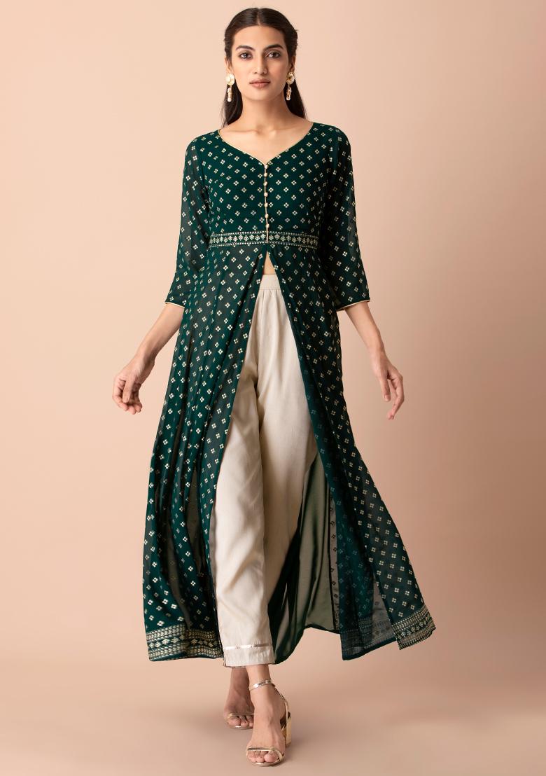 Buy Women Green Foil High Slit Belted Kurta - ITN03356 - Kurta - Indya