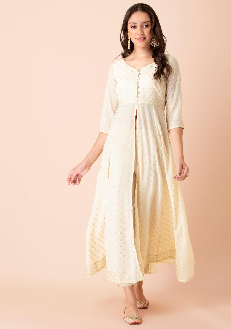 Buy Women Ivory Foil High Slit Belted Kurta - ITN03357 - Kurta - Indya