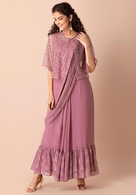 Buy Women Pink Embroidered Cape Pre-Stitched Saree With Attached Blouse ...
