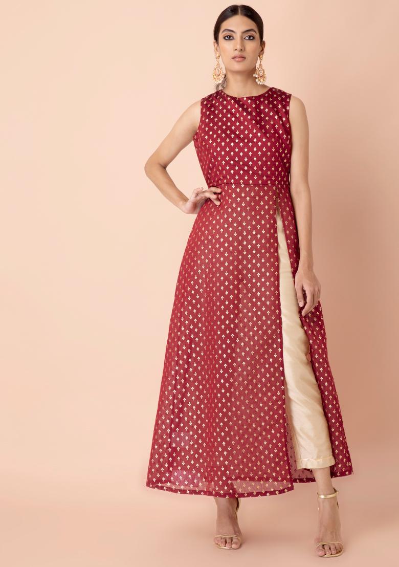 Buy Women Oxblood Chanderi Foil High Slit Kurta - ITN03582 - Kurta - Indya