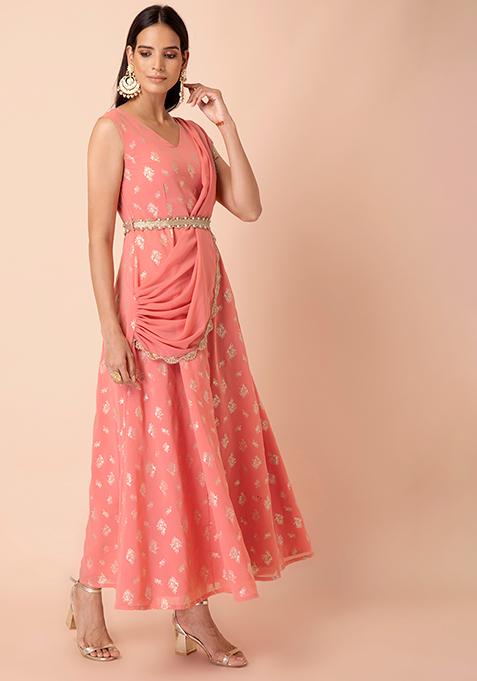 Buy Women Deep Pink Foil Print Kurta With Attached Dupatta And Belt ...