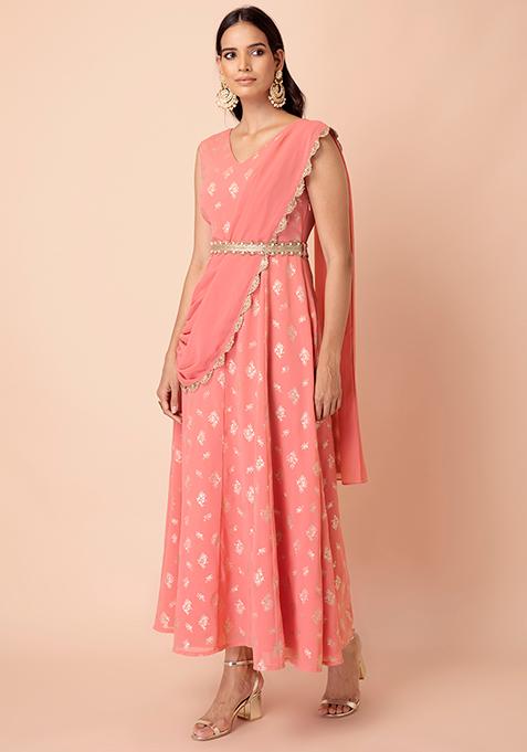 Buy Women Deep Pink Foil Print Kurta With Attached Dupatta And Belt ...