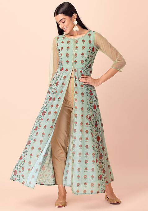 Buy Women Mint Floral High Slit Kurta - ITN03657 - Kurtas - Indya