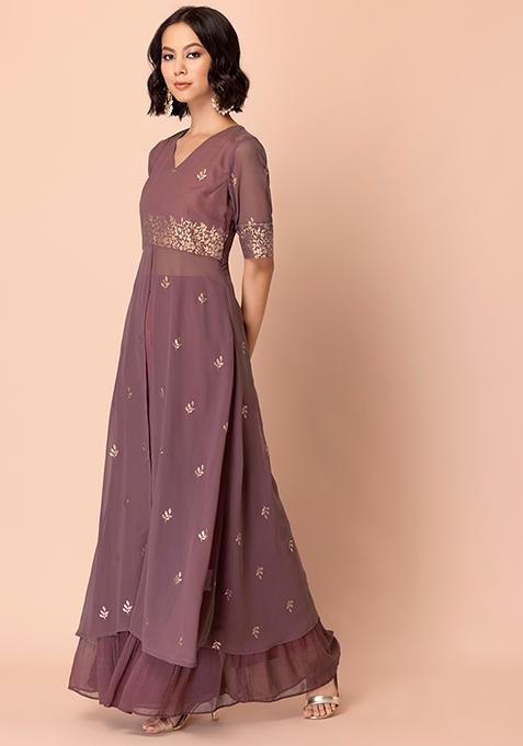 Buy Women Mauve Floral Foil High Slit Kurta - ITN04056 - Kurta - Indya