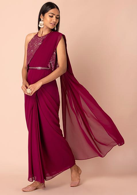 Buy Women Wine Sequin Cape Belted Pre-Stitched Saree With Attached ...