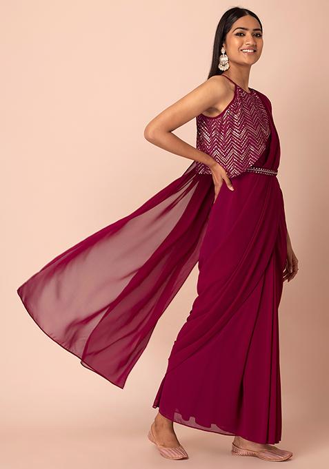 Buy Women Wine Sequin Cape Belted Pre-Stitched Saree With Attached ...