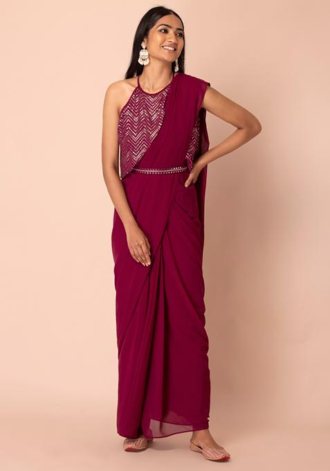 Buy Women Wine Sequin Cape Belted Pre-Stitched Saree With Attached ...