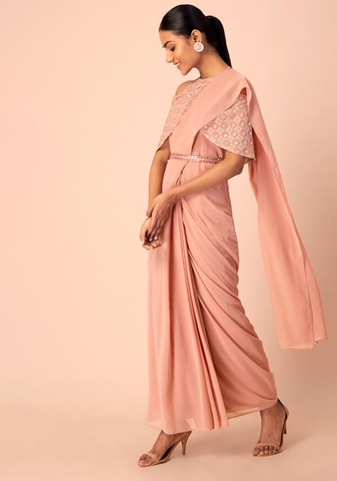 Buy Women Pink Embroidered Cape Belted Pre-Stitched Saree With Attached ...
