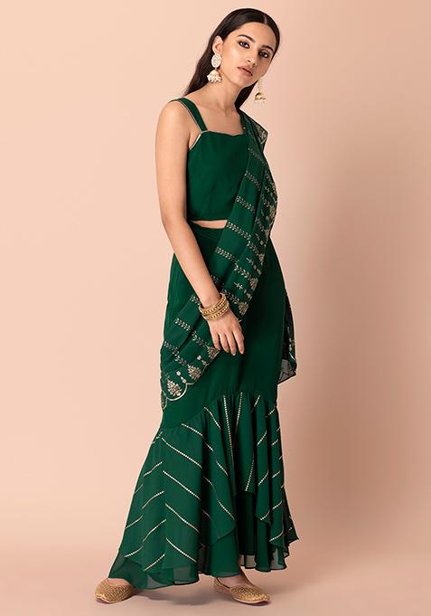 Buy Women Green Foil Print Fish Cut Pre-Stitched Saree With Attached ...