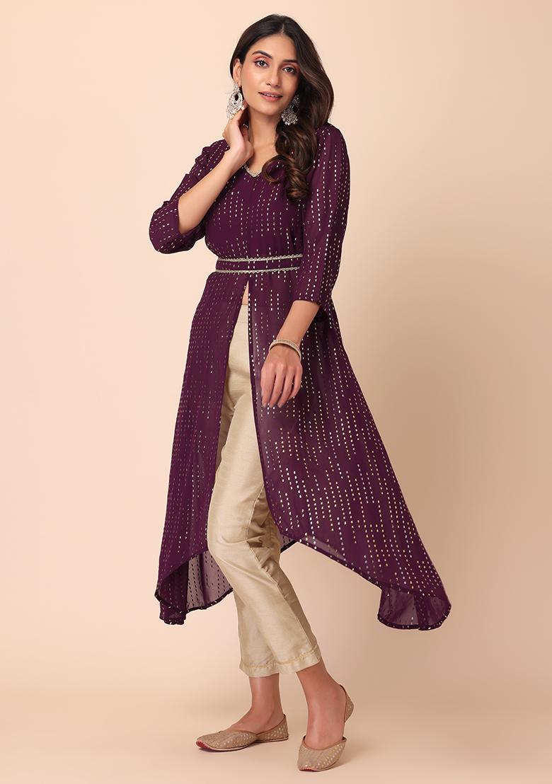 Buy Women Purple Foil Print High Slit Kurta - ITN04413 - Kurtas - Indya
