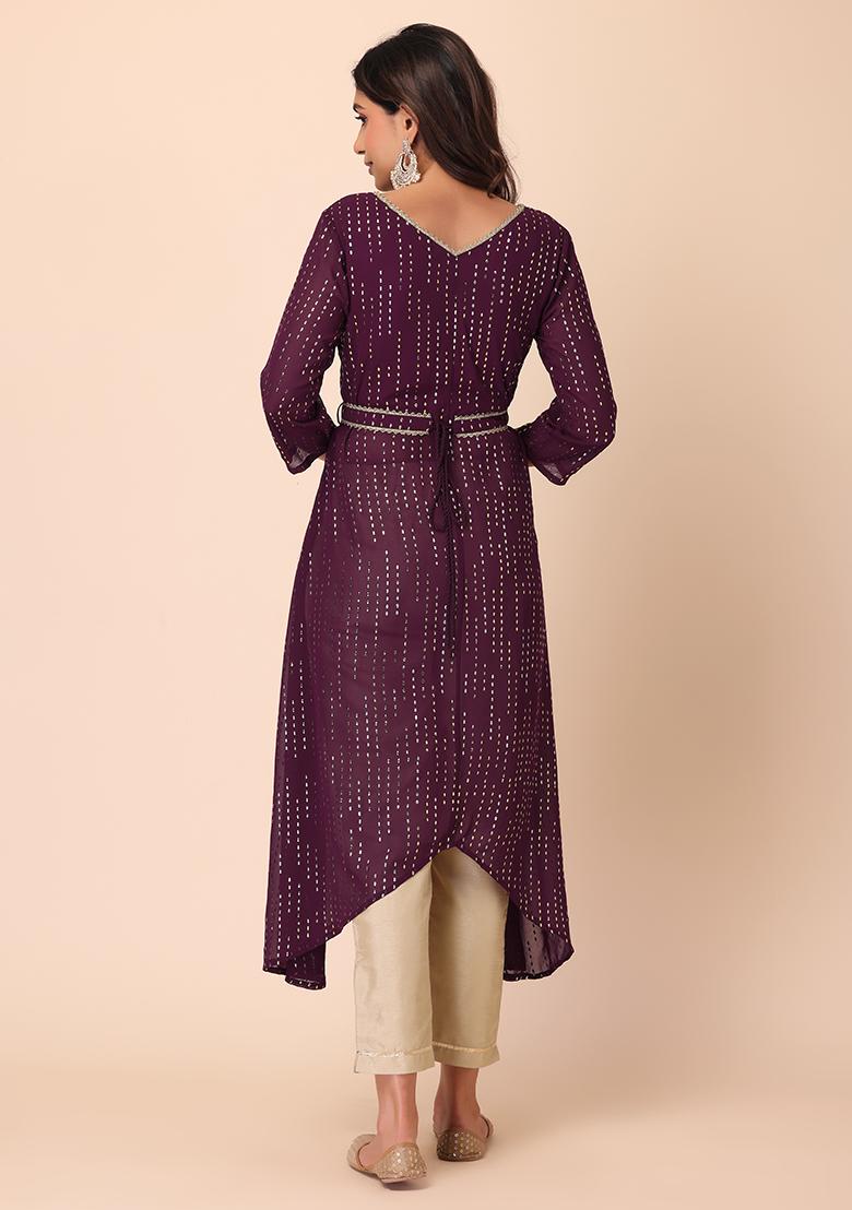 Buy Women Purple Foil Print High Slit Kurta - ITN04413 - Kurtas - Indya