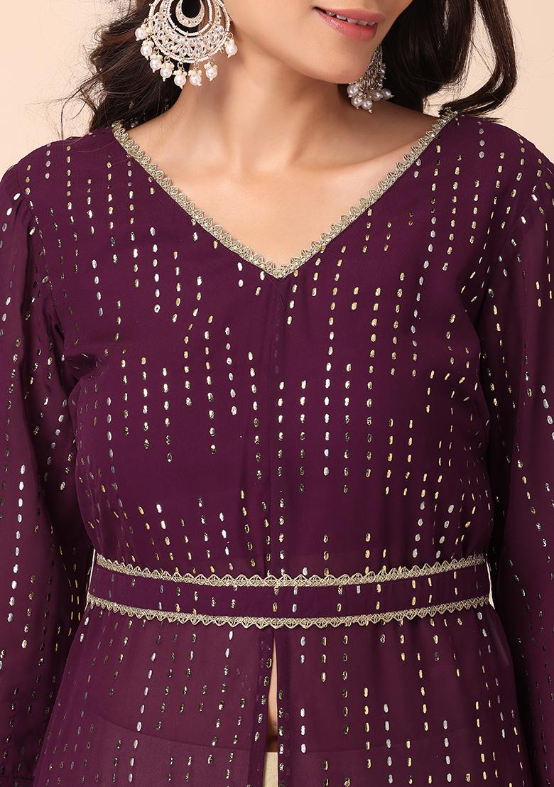 Buy Women Purple Foil Print High Slit Kurta - ITN04413 - Kurtas - Indya