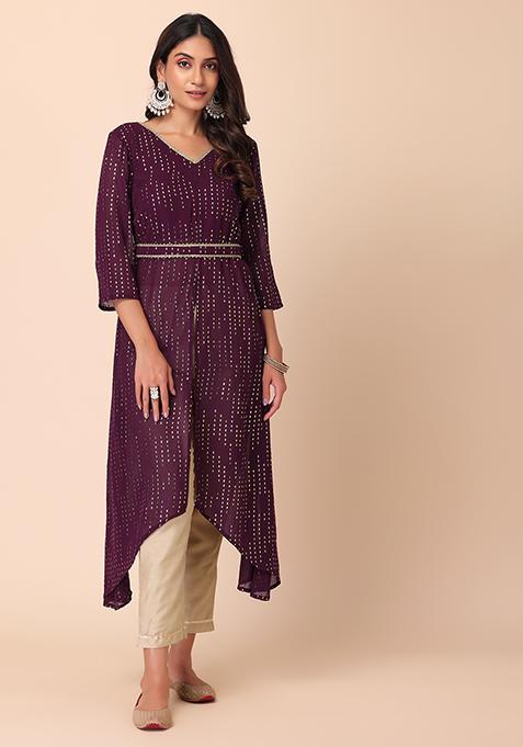 Buy Women Purple Foil Print High Slit Kurta - ITN04413 - Kurtas - Indya