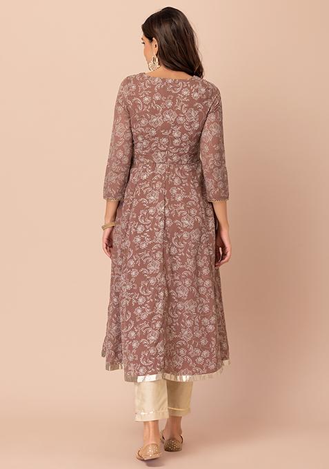 Buy Women Dusty Pink Floral Foil Print Angrakha Kurta - ITN04417 ...