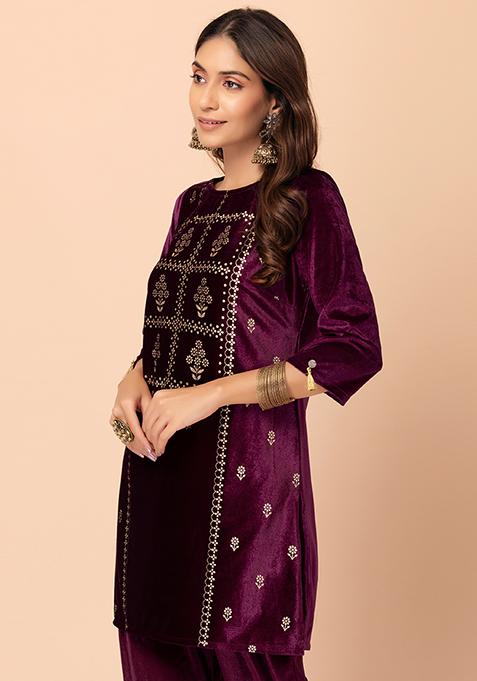 Buy Women Deep Maroon Foil Print Velvet Straight Kurta - ITN04471 ...
