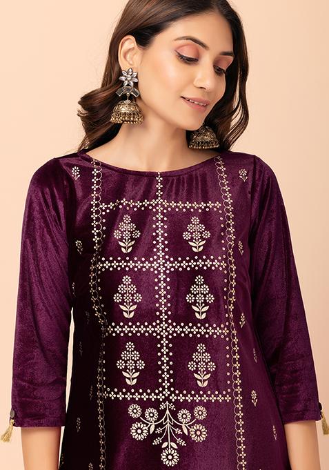 Buy Women Deep Maroon Foil Print Velvet Straight Kurta - ITN04471 ...