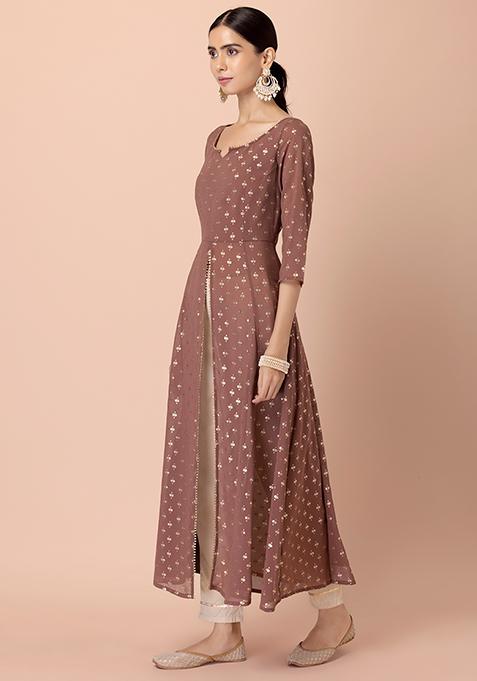 Buy Women Dusty Pink Foil Print High Slit Kurta - ITN04533 - Kurta - Indya