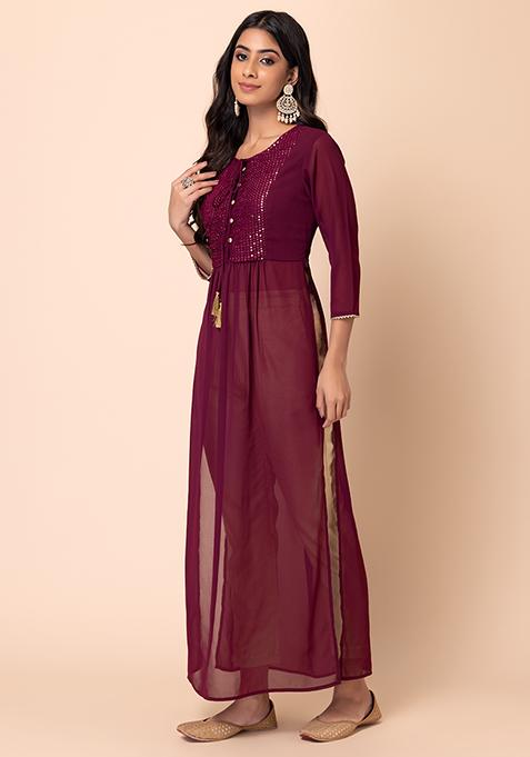 Buy Women Purple Sequin Thread Embroidered High Slit Kurta - ITN04822 ...