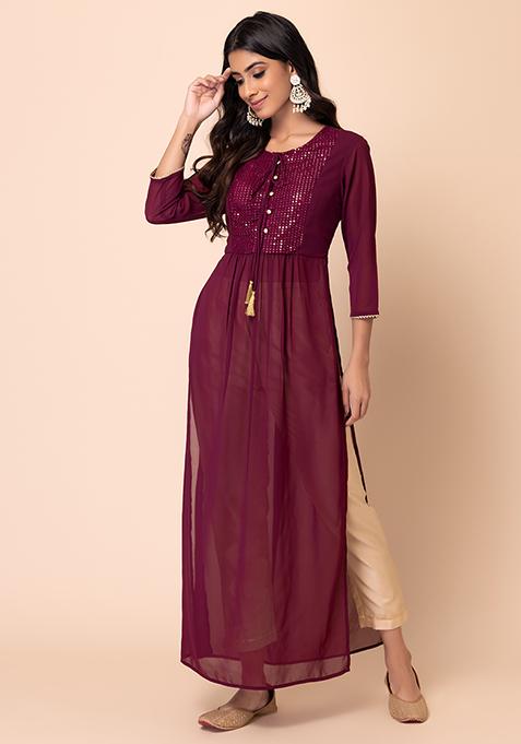 Buy Women Purple Sequin Thread Embroidered High Slit Kurta - ITN04822 ...