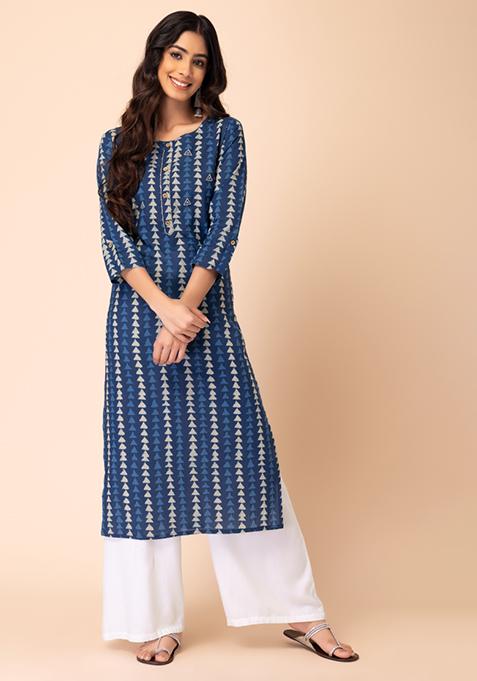 Buy Women Blue Batik Print Cotton Kurta - ITN04936 - Kurtas - Indya
