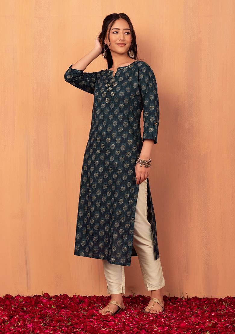 Buy Women Navy Blue Block Print Cotton Kurta - ITN04938 - Kurtas - Indya