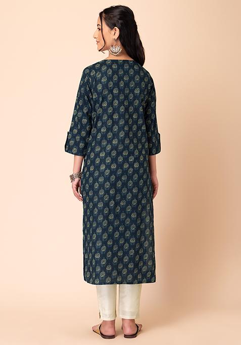 Buy Women Navy Blue Block Print Cotton Kurta - ITN04938 - Kurtas - Indya