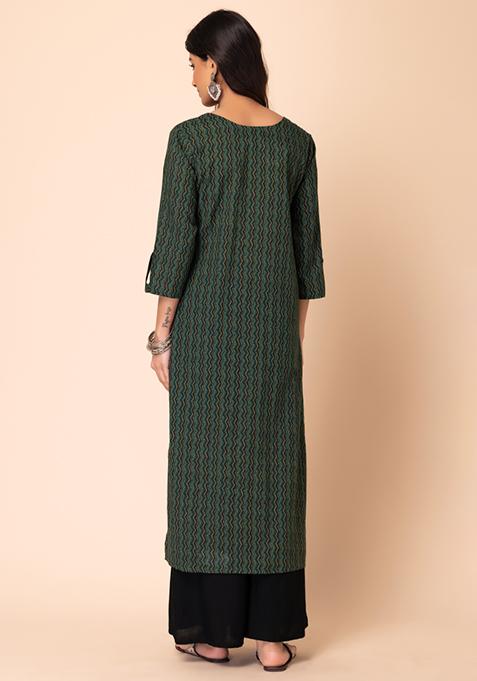 Buy Women Green Batik Print Cotton Kurta - ITN04944 - Kurtas - Indya