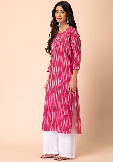 Buy Women Pink Batik Print Cotton Kurta - ITN04948 - Kurtas - Indya