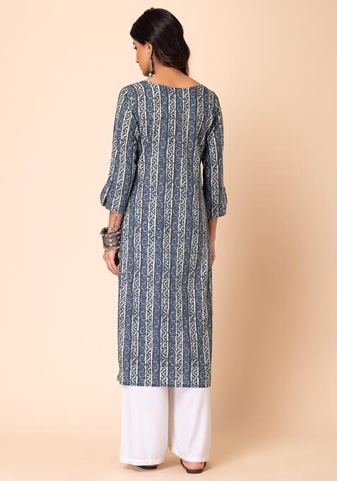 Buy Women Grey Batik Striped Print Cotton Kurta - ITN04954 - Kurtas - Indya