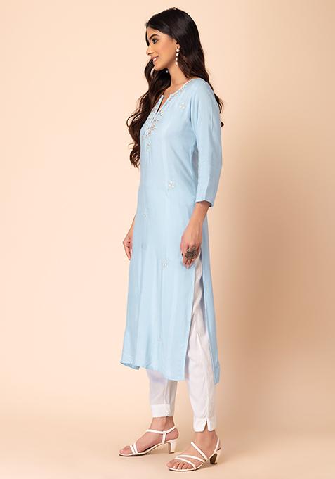 Buy Women Light Blue Embroidered Kurta Feed Kurtas Indya Canada