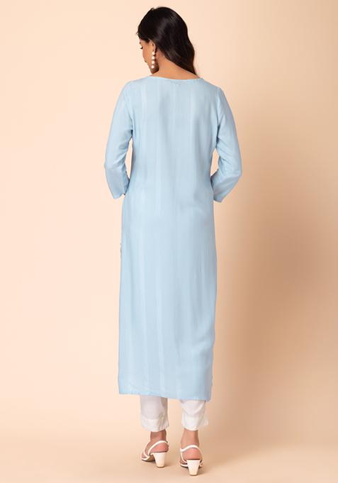 Buy Women Light Blue Embroidered Kurta - ITN04994 - Kurtas - Indya