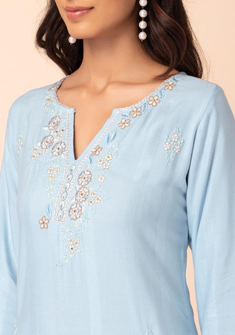 Buy Women Light Blue Embroidered Kurta - ITN04994 - Kurtas - Indya